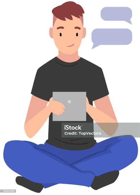 스마트폰을 사용하여 인터넷을 통해 싫어하는 남자 교차 다리와 바닥에 앉아 디지털 가제트 벡터 일러스트를 사용하여 남성 학생 기포에 대한 스톡 벡터 아트 및 기타 이미지