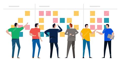 Premium Vector Kanban Board Agile Scrum Wall Of Sticky Notes Team Working Together Discuss