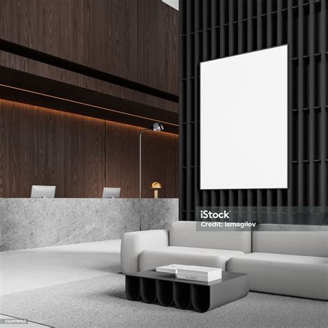 리셉션 데스크와 모형 프레임이 있는 대기 공간이 있는 어두운 사무실 내부 0명에 대한 스톡 사진 및 기타 이미지 0명 3차원 형태 가구 Istock