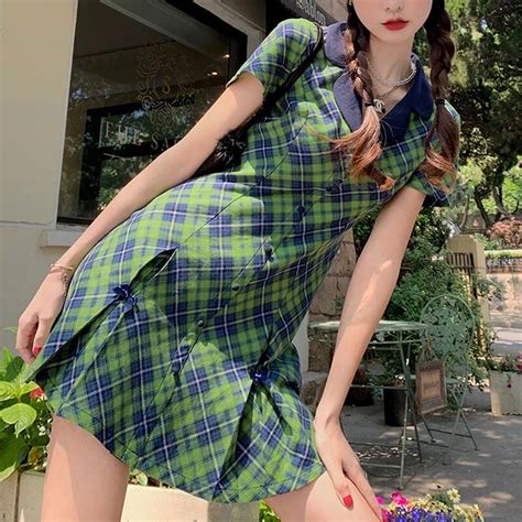 Awfesk Graduation Party Green Plaid Elegant Dress Women Sweet Patchwork