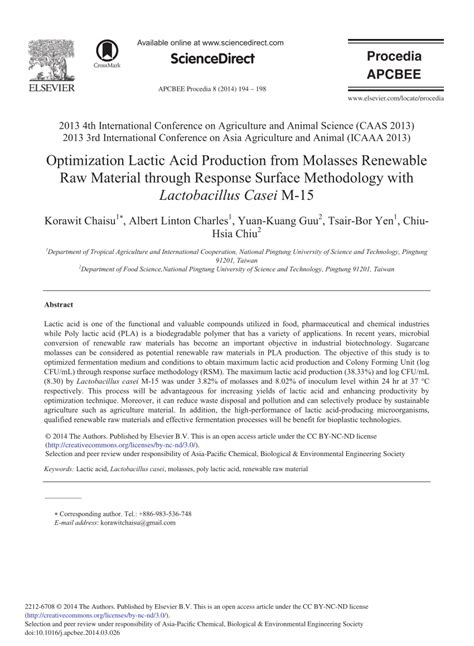 Pdf Optimization Lactic Acid Production From Molasses Renewable Raw Material Through Response