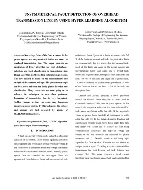 Unsymmetrical Fault Detection Of Overhead Transmission Line By Using Hyper Learning Algorithm Pdf