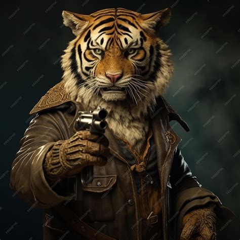 Premium Ai Image Anthropomorphic Tiger Holding A Gun Photorealistic