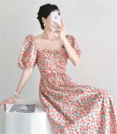 오렌지 플라워 로맨스 스퀘어넥 슬림핏 하트넥 셔링 주름 핀턱 플레어 롱 치마 여름 꽃 드레스 여성 아우터 로맨틱 빈티지 플로랄