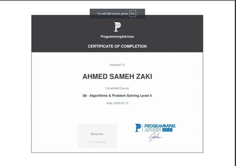 Proud To Have Completed The Algorithms And Problem Solving Level 4 Course From Programming Advices