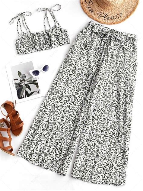 34 Off 2021 Zaful Tie Shoulder Leaf Print Top And Wide Leg Pants Set In White Zaful