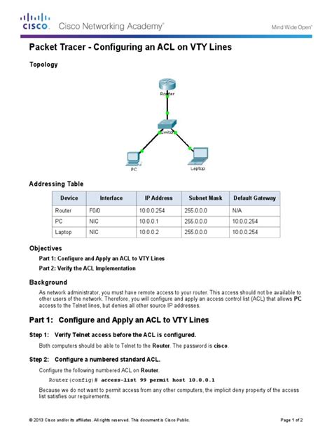9233 Packet Tracer Configuring An Acl On Vty Lines Instructionsdocx