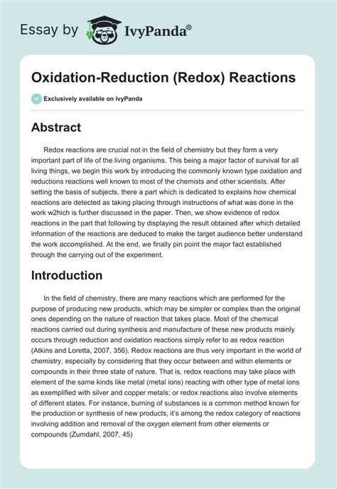 Oxidation Reduction Redox Reactions Words Report Example