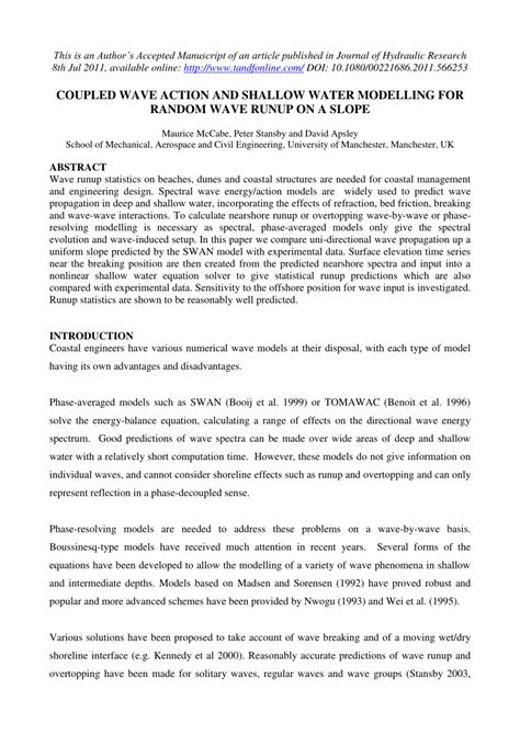 Pdf Coupled Wave Action And Shallow Water Modelling For Random Wave Runup On A Slope