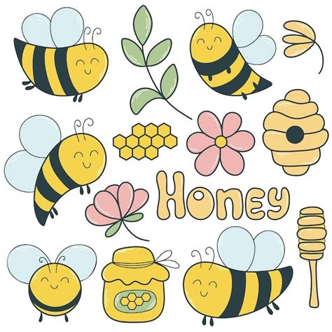 Premium Vector Hand Drawn Cute Bee Set Honeycomb Insect Honey Flower