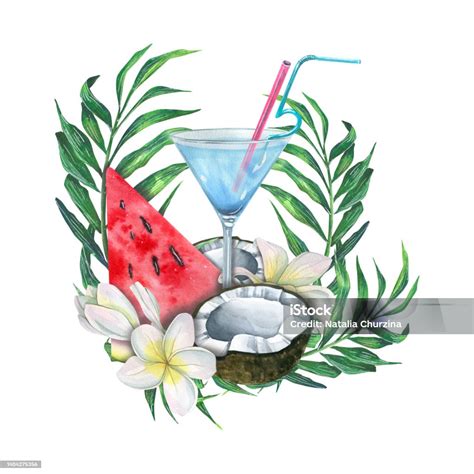 수박 코코넛 반쪽 플루메리아 꽃 및 야자수 잎 조각이있는 해변 칵테일 수채화 그림 엽서 포스터 메뉴 기념품 바의 디자인과 장식을 위해 0명에 대한 스톡 벡터 아트 및 기타