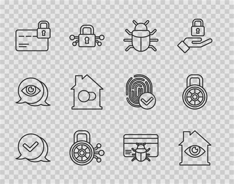 Set Line Check Mark In Speech Bubble House With Eye Scan System Bug