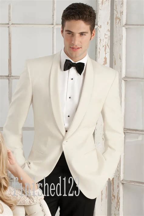 High Quality One Button Ivory Groom Tuxedos Groomsmen Mens Wedding