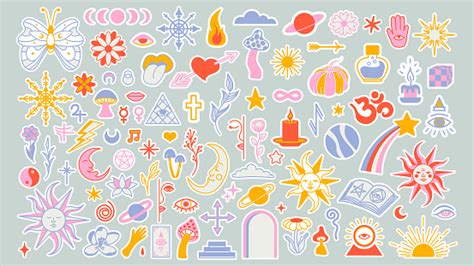 클립아트 요소가 있는 복고풍 트렌드 스타일의 마법 배경 장식적인 신비로운 벡터 격리 패턴입니다 클립 아트 스티커 밀교 요소 요술 오컬트 상징 Y2k 모음 밀레니엄에 대한