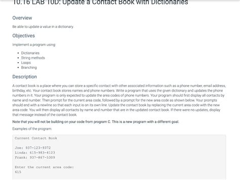 Solved 10 16 LAB TOD Update A Contact Book With Chegg Com