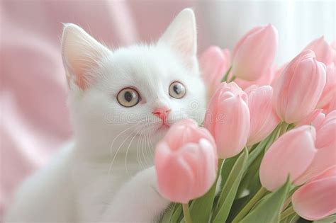 The Cute Innocent Look Of The White Kitten Is Full Of Tenderness And