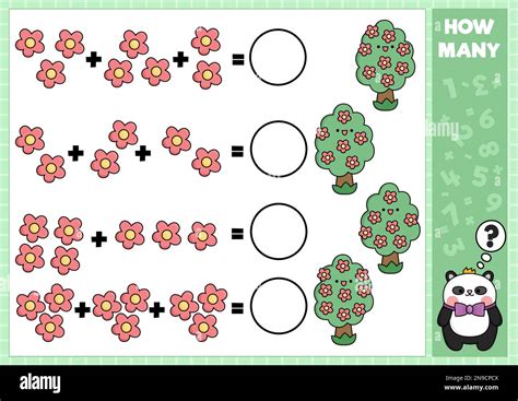 Spring Matching Game With Cute Kawaii Blossoming Trees Garden Math