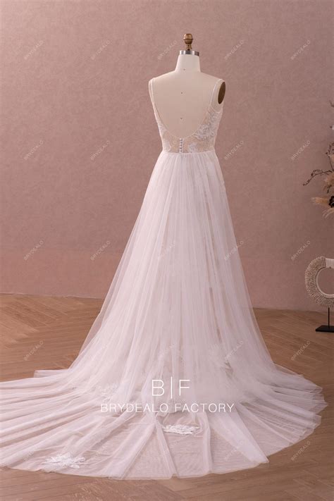 Organic Flower Lace Plunging Wedding Dress With Removable Overskirt
