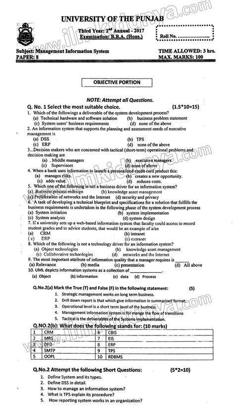Past Paper Bba 3rd Year Punjab University Management Information System