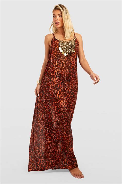 Leopard Print Beaded Beach Maxi Dress Boohoo Uk