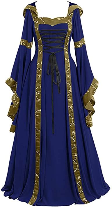 Yebiral Damen Langarm Mittelalter Kleid Bodenlangen Gebunden Taille