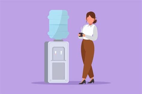 그래픽 플랫 디자인 드로잉 젊은 사업가는 갤런의 물로 가득 찬 물 디스펜서 옆에 서서 유리에 뜨거운 커피를 끓입니다 매일 아침