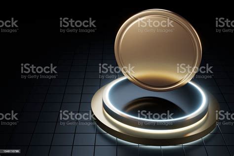 높은 각도 보기 블록 체인 기술 토큰 동전의 3d 렌더링 이미지 금과 검은 받침대와 검은 색 배경 블록 체인의 개념 분산 금융