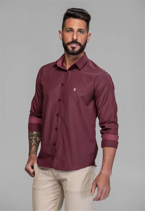 CAMISA MASCULINA SOCIAL SLIM FIT MANGA LONGA ALFAJOR VINHO Elegance
