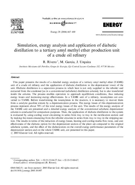Pdf Simulation Exergy Analysis And Application Of Diabatic Distillation To A Tertiary Amyl