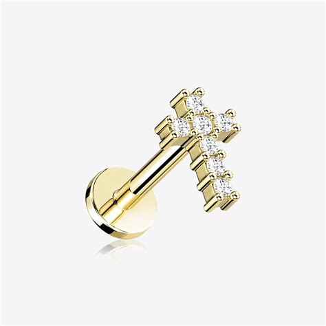 Golden Holy Cross Sparkle Top Internally Threaded Steel Flat Back Stud