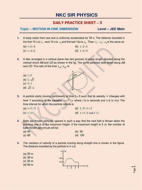 Motion In One Dimension Practice Sheet 5 Pdf Kinematics Physics