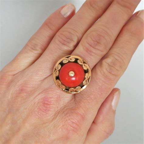 Beryl Lane Vintage Mid Century Polish 14k Gold Medi Red Coral Ornate Ring