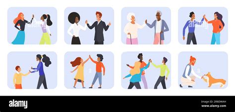 People Giving High Five Support Gestures Set Vector Illustration
