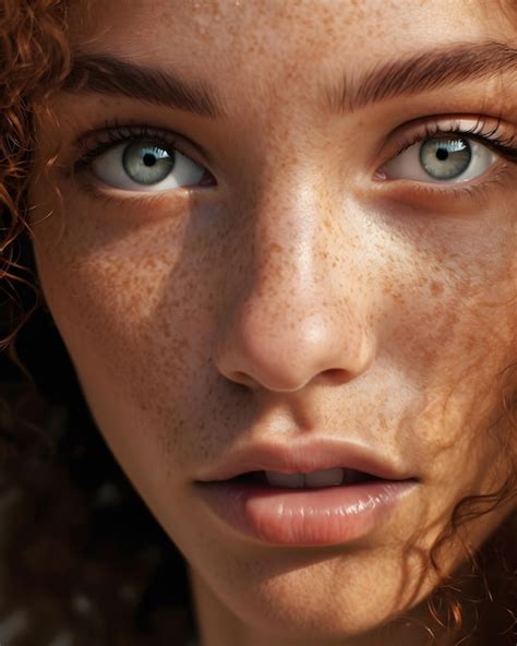 Premium Ai Image A Close Up Of A Womans Face With Freckles And Green