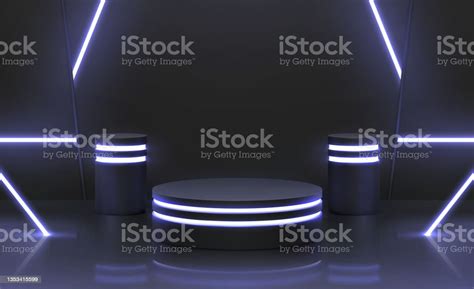 제품 디스플레이를 위한 3d 네온 연단이 있는 미래지향적인 사이버 스테이지 빛나는 조명이있는 어두운 플랫폼 가젯 벡터 장면을