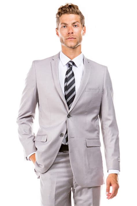 34 Mens Slim Fit 2 Button Wedding Suit Light Grey Basic
