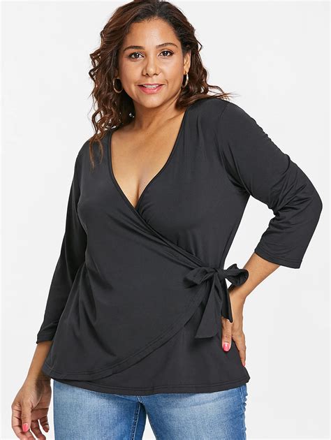 Wipalo Plus Size 5xl Plunging Neck Self Tie Blouses Shirts Autumn Women