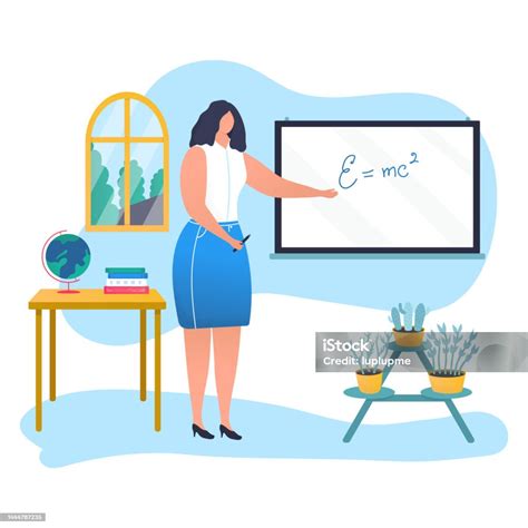 여성 수학자 물리학자 교사 캐릭터 홀드 포인터 흰색 바탕에 격리된 물리적 수식 평면 벡터 삽화가 있는 교육자 보드 과학에 대한
