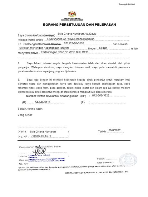 Borang Persetujuan Dan Pelepasan Ibu Bapa Pdf
