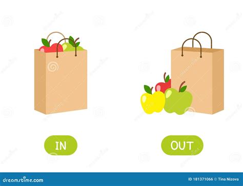 In And Out Antonyms Word Card Flat Vector Template Flashcard For