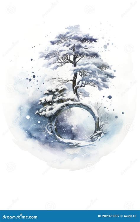 Abstract Winter Landscape Art Watercolor Snowy Tree And Symbols On