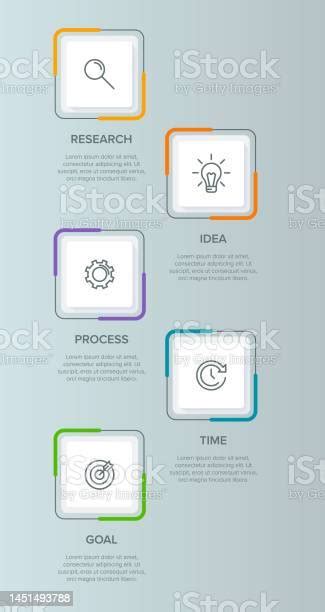 아이콘과 5 옵션 또는 단계가있는 수직 인포 그래픽 디자인 얇은 선 인포 그래픽 비즈니스 개념 정보 그래픽 순서도 프리젠 테이션 모바일 웹 사이트 인쇄물에 사용할 수