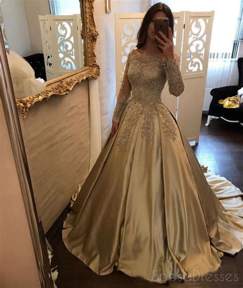 Off Shoulder Long Sleeve Gold Beaded A Line Sparkly Evening Prom Dress