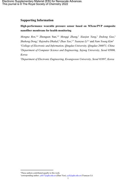 Pdf High Performance Wearable Pressure Sensor Based On Mxenepvp Composite Nanofiber Membrane