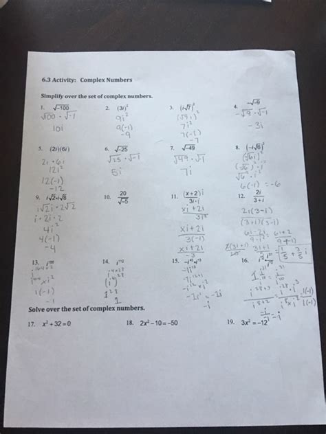 solved 6 3 activity complex numbers simplify over the set