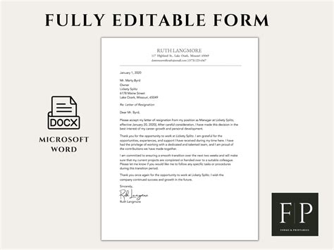 Resignation Letter Template Editable Microsoft Word Etsy