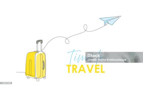 종이 비행기가 날아 오르고 연속적인 한 줄 스타일로 글자가 새겨진 여행 가방 노란색 케이스의 단일 라인 여행 그림 흰색 배경에 고립 된 바퀴가있는 수하물 가방 편집 가능한