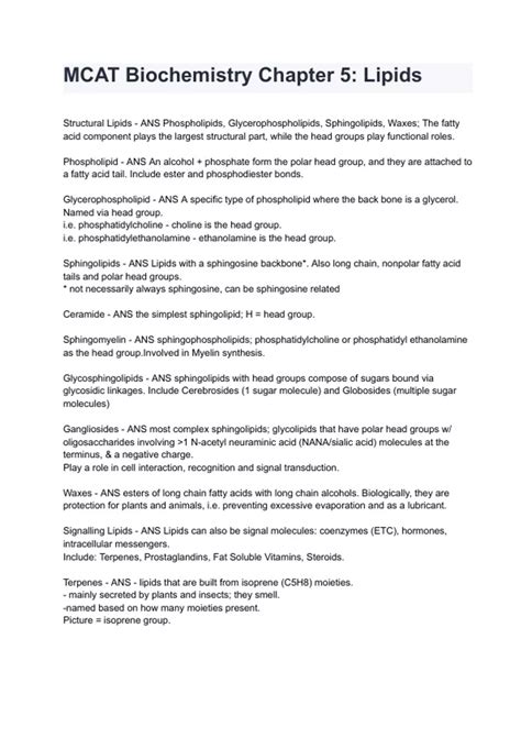 Mcat Biochemistry Chapter 5 Lipids Exam 2024 2025 Questions With Completed And Verified Solutions