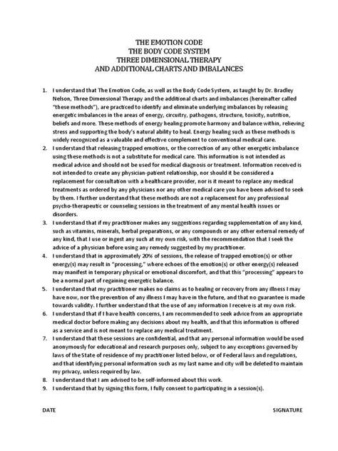 Consent Form Emotion Code Body Code T3 Additional Charts Pdf Physician Psychotherapy