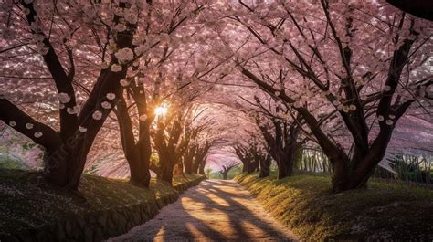 통로를 통해 벚꽃 나무와 일몰 일본 벚꽃 나무의 그림 배경 일러스트 및 사진 무료 다운로드 Pngtree